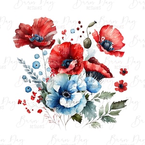 Watercolor Red, Blue and White Flowers Clipart Bundle, Digital Download ...