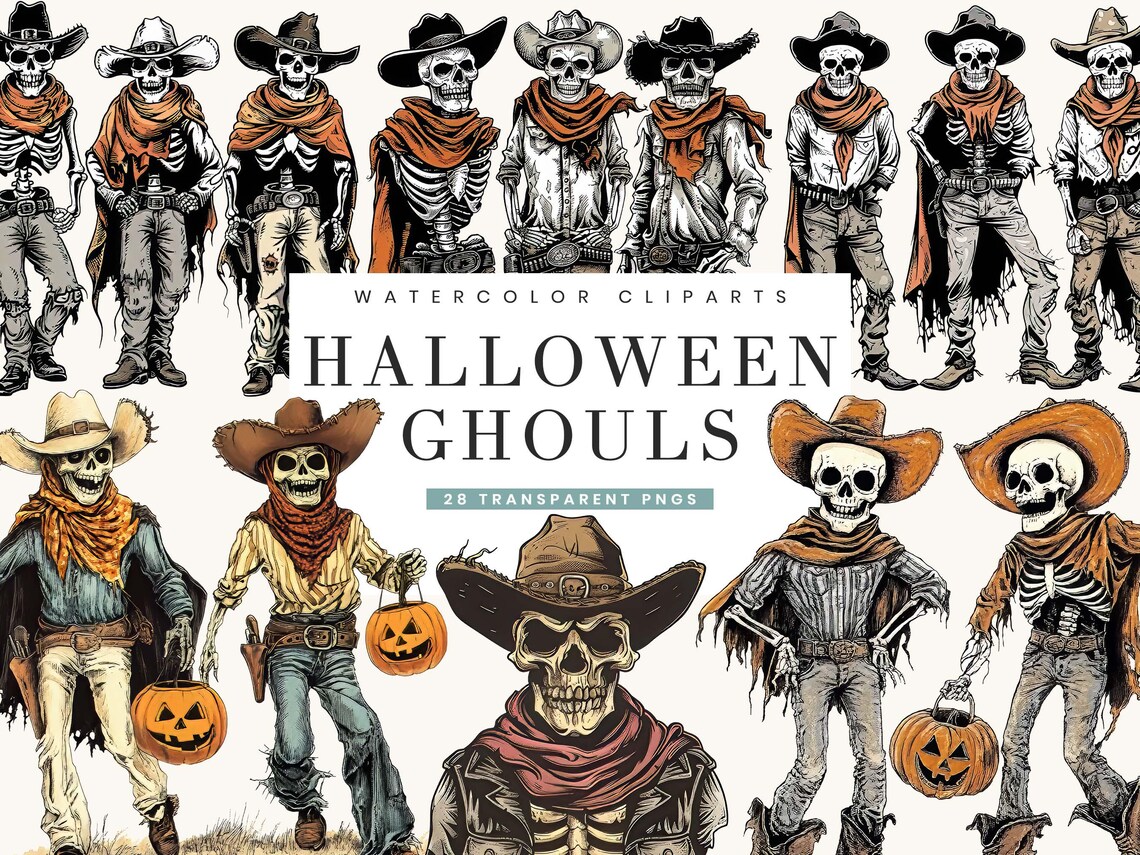 Western Halloween Clipart: Howdy Ghouls, Cowboy Skeletons (digital ...