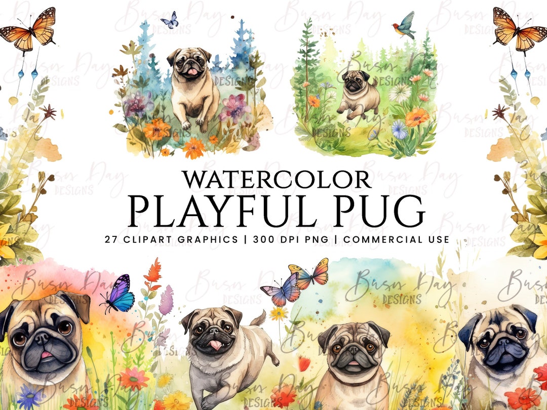 27 Watercolor Playful Pug Clipart Bundle, Watercolor Clipart ...