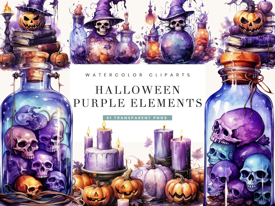 41 Watercolor Purple Halloween Elements Clipart Bundle Printable Wall ...