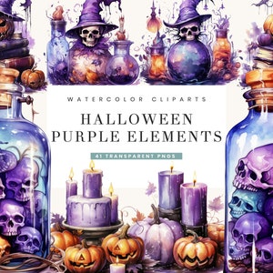 41 Watercolor Purple Halloween Elements Clipart Bundle Printable Wall ...