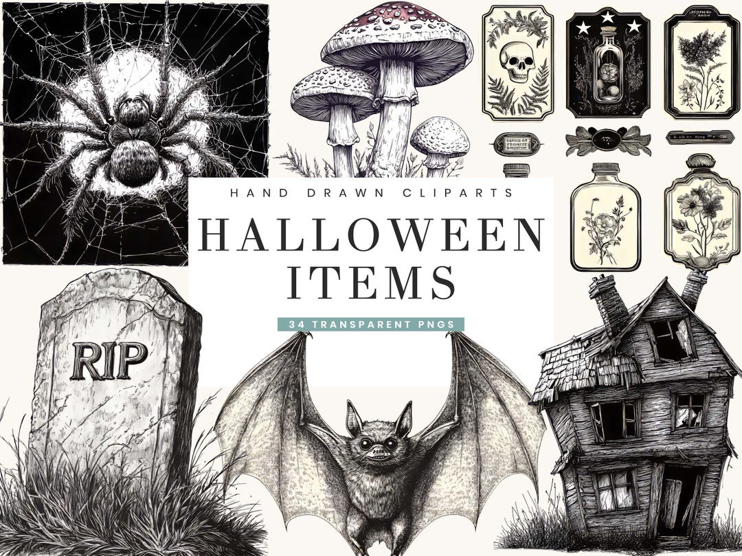 Hand Drawn Halloween Clipart Bundle: Watercolor PNG Files (digital ...
