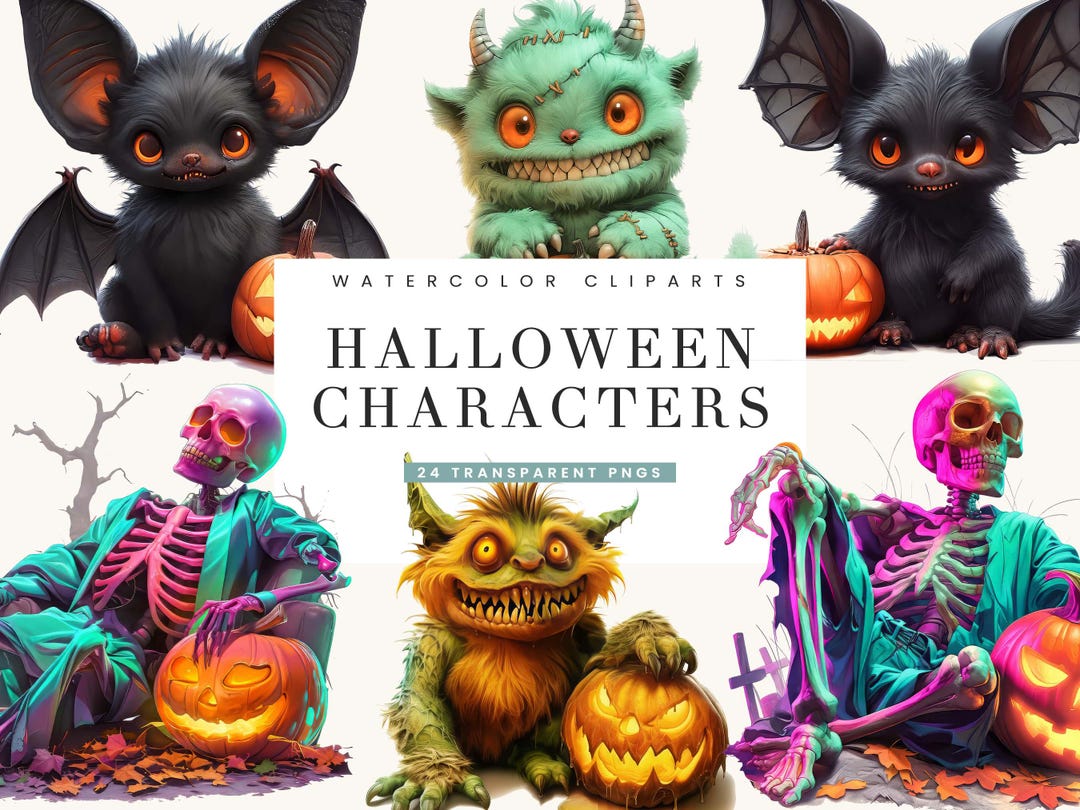 24 Cute Halloween Characters Clipart Bundle Sublimation Designs Digital ...