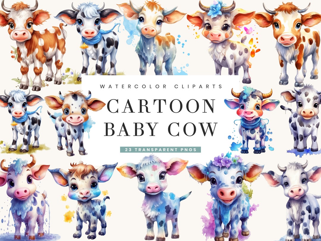 23 Watercolor Cute Baby Cartoon Cow Clipart Bundle, Digital Download ...