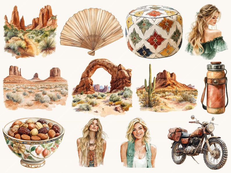 Watercolor Summer Desert Clipart Bundle: PNG Art Prints (digital ...