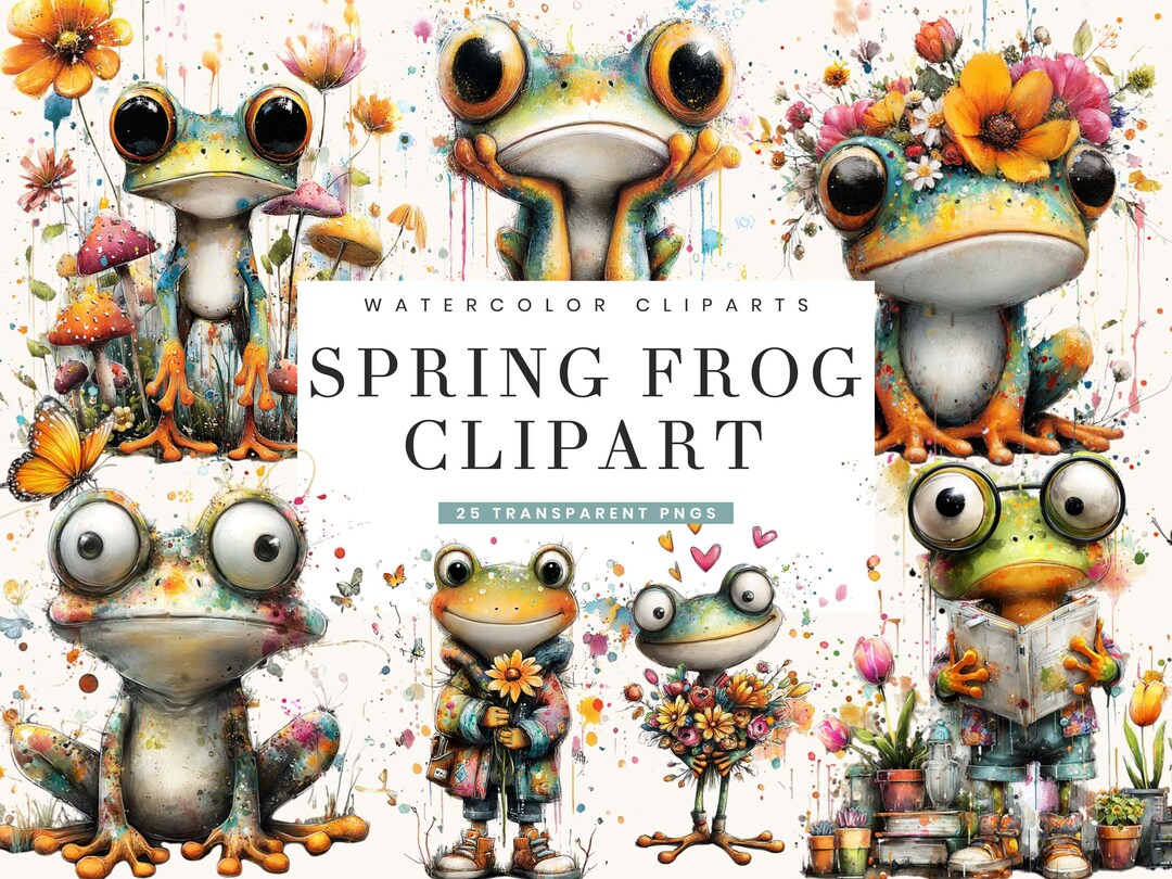 25 Watercolor Spring Frog Clipart Bundle Sublimation Designs Digital ...