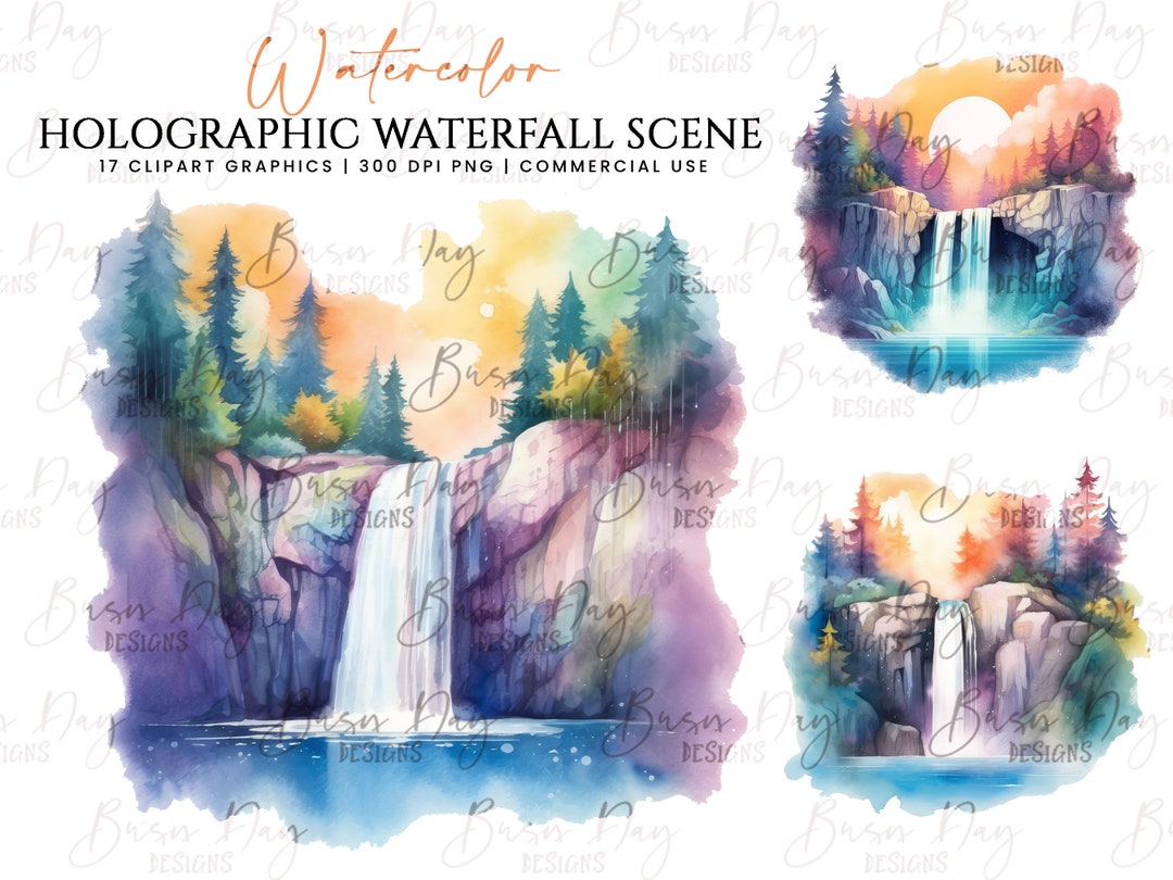 Watercolor Holographic Waterfall Scene Clipart Bundle - Etsy