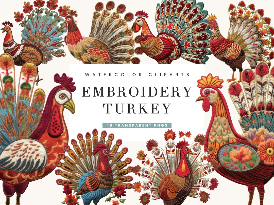 18 Watercolor Embroidery Turkey Clipart Bundle Digital Download ...