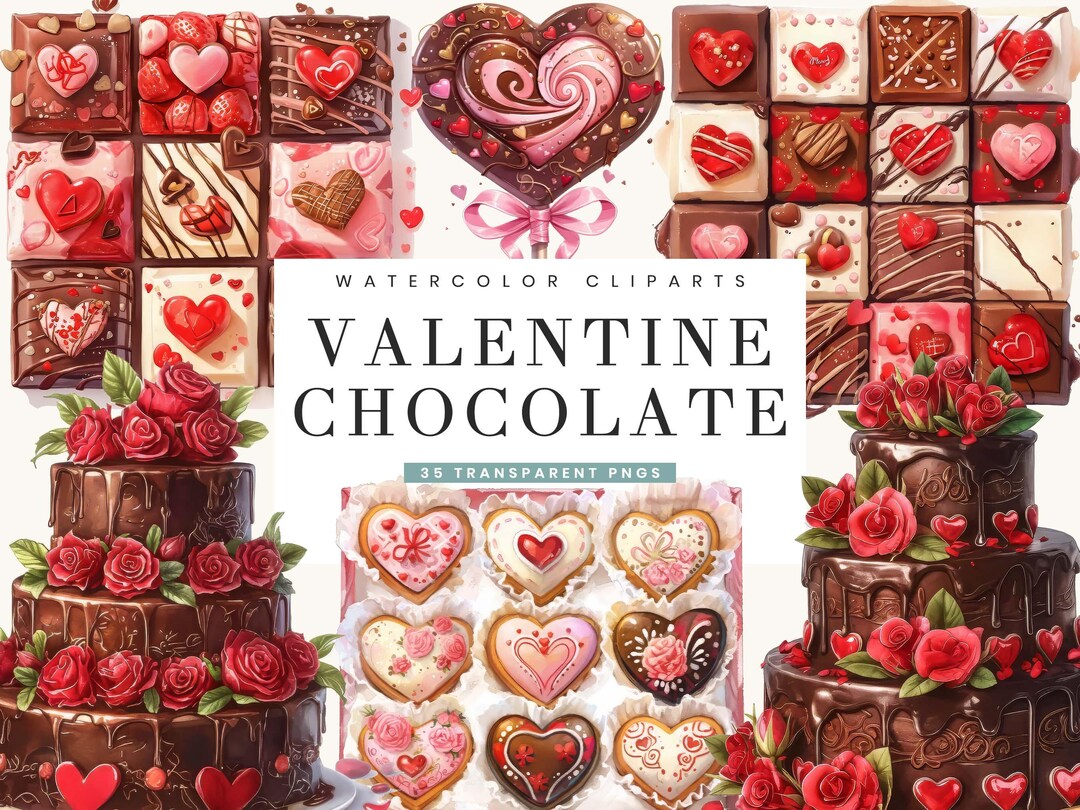 Watercolor Valentine Chocolate Clipart: 35 PNG Designs (digital ...