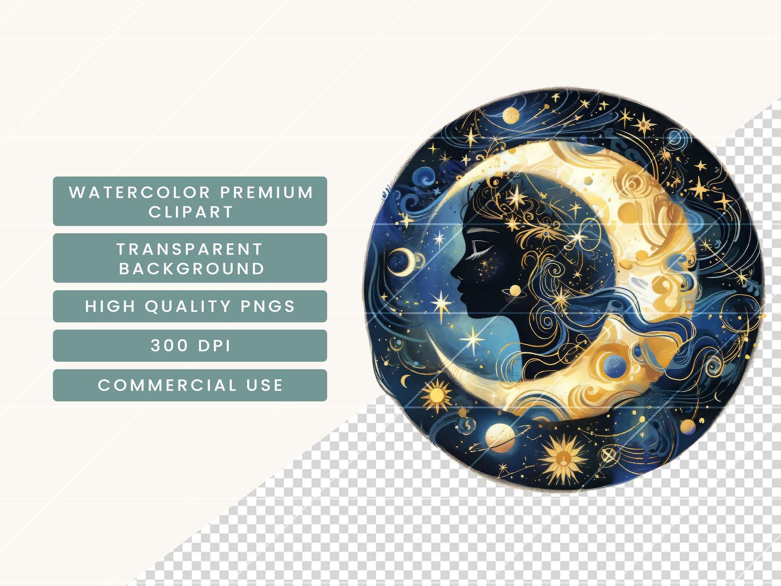 Watercolor Mystical Moon Clipart: Celestial PNG Bundle (digital ...