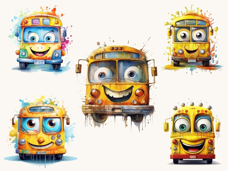 Watercolor Funny Faces School Bus Clipart Bundle (digital Download) - Etsy