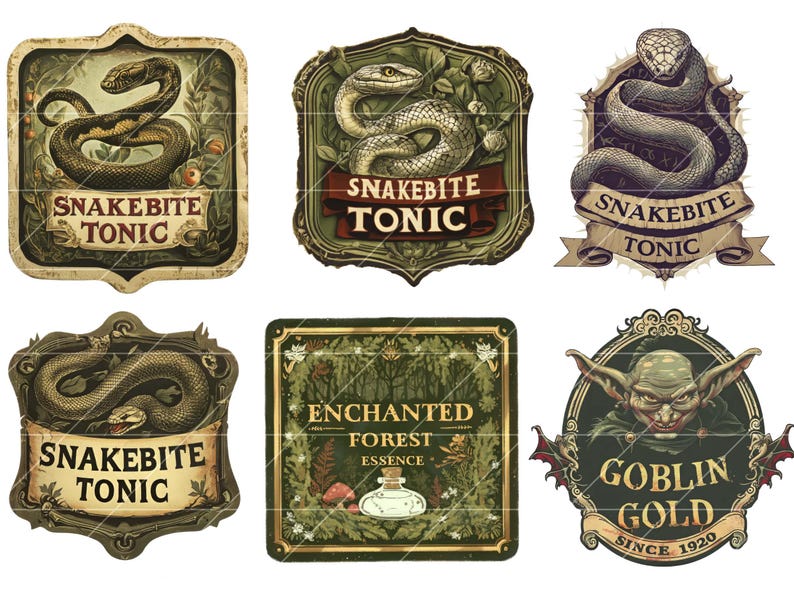 28 Vintage Bottle Labels Clipart: Witch's Brew, Snakebite Tonic ...