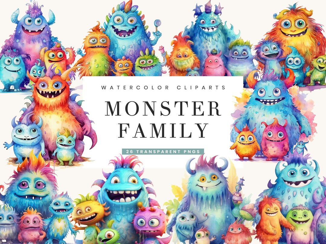 26 Watercolor Cute Monster Family Clipart Bundle, Digital Download ...