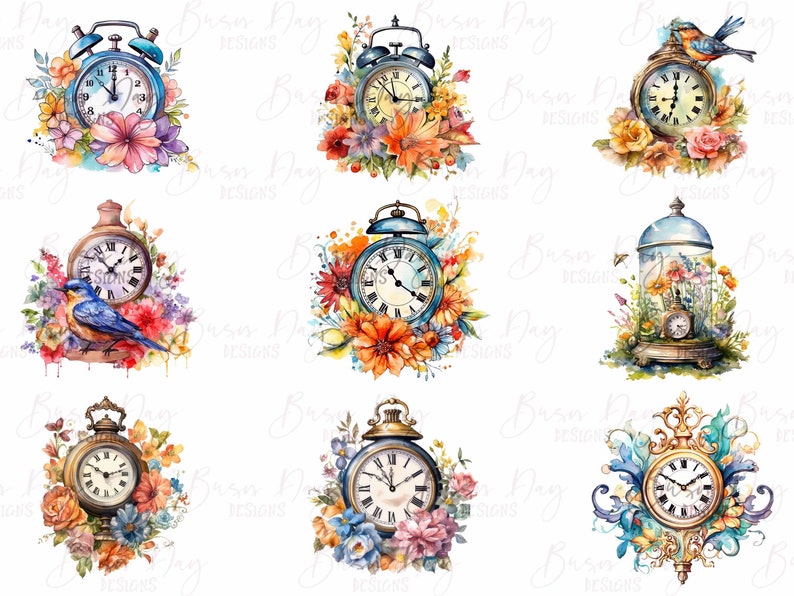 Watercolor Floral Vintage Clock Clipart: 29 PNG Graphics (digital ...