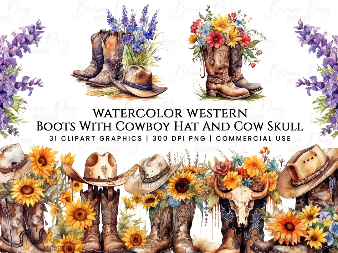 Watercolor Western Clipart: Boots, Cowboy Hat, Skull (31 PNG Files) - Etsy
