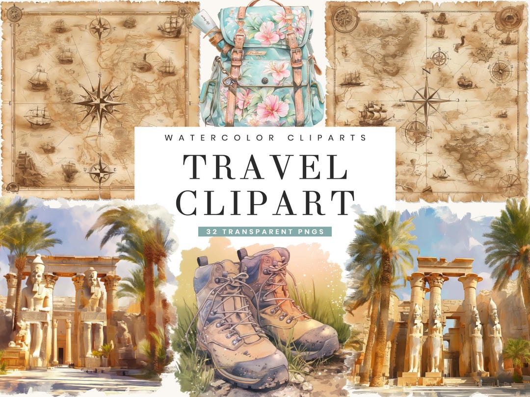 Watercolor Travel Clipart Bundle: 32 PNG Sublimation Designs (digital ...