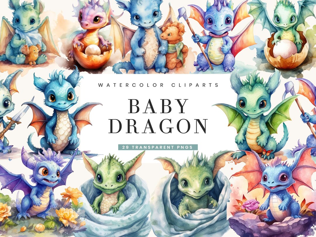 29 Watercolor Baby Dragon Clipart Bundle Sublimation Designs Digital ...