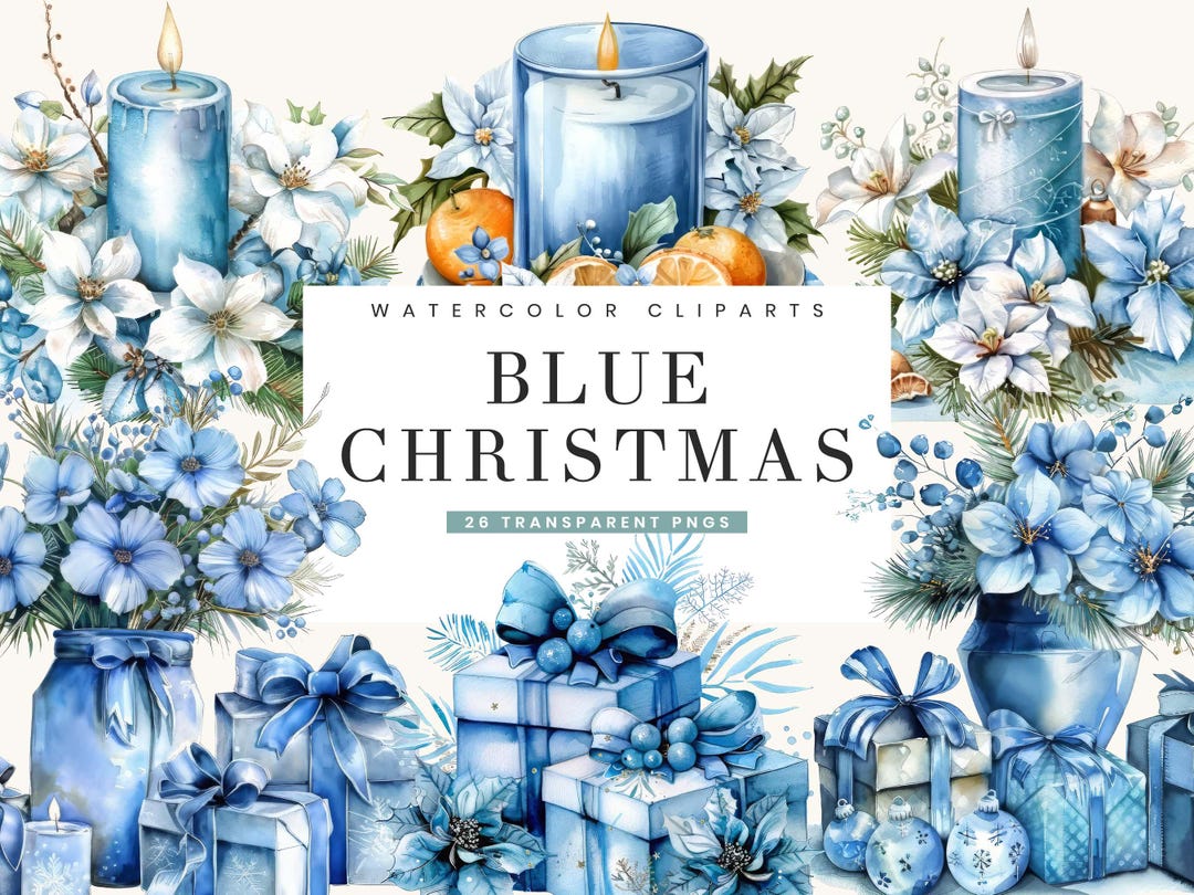 Blue Christmas Clipart Bundle: Watercolor PNG Designs (digital Download ...