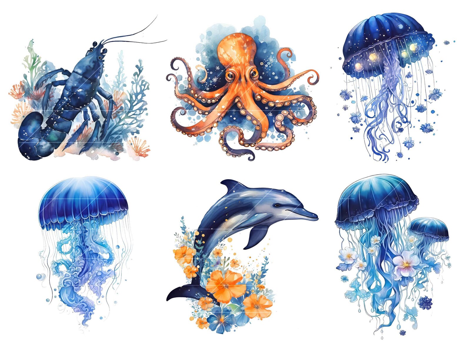Watercolor Underwater Clipart Bundle: Dreamy Sea Life Designs (digital ...