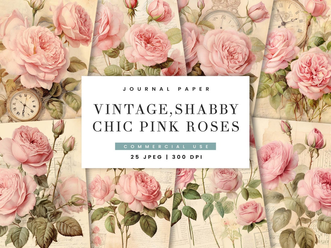 25 Shabby Chic Pink Roses Junk Journal Paper Vintage Prints Instant ...