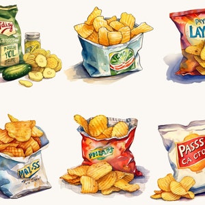 30 Watercolor Bag of Chips Clipart Bundle , Watercolor Clipart, Digital ...