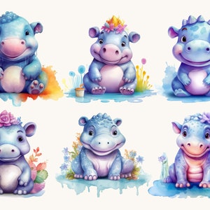 31 Watercolor Cute Baby Hippo Clipart Bundle Sublimation Designs ...