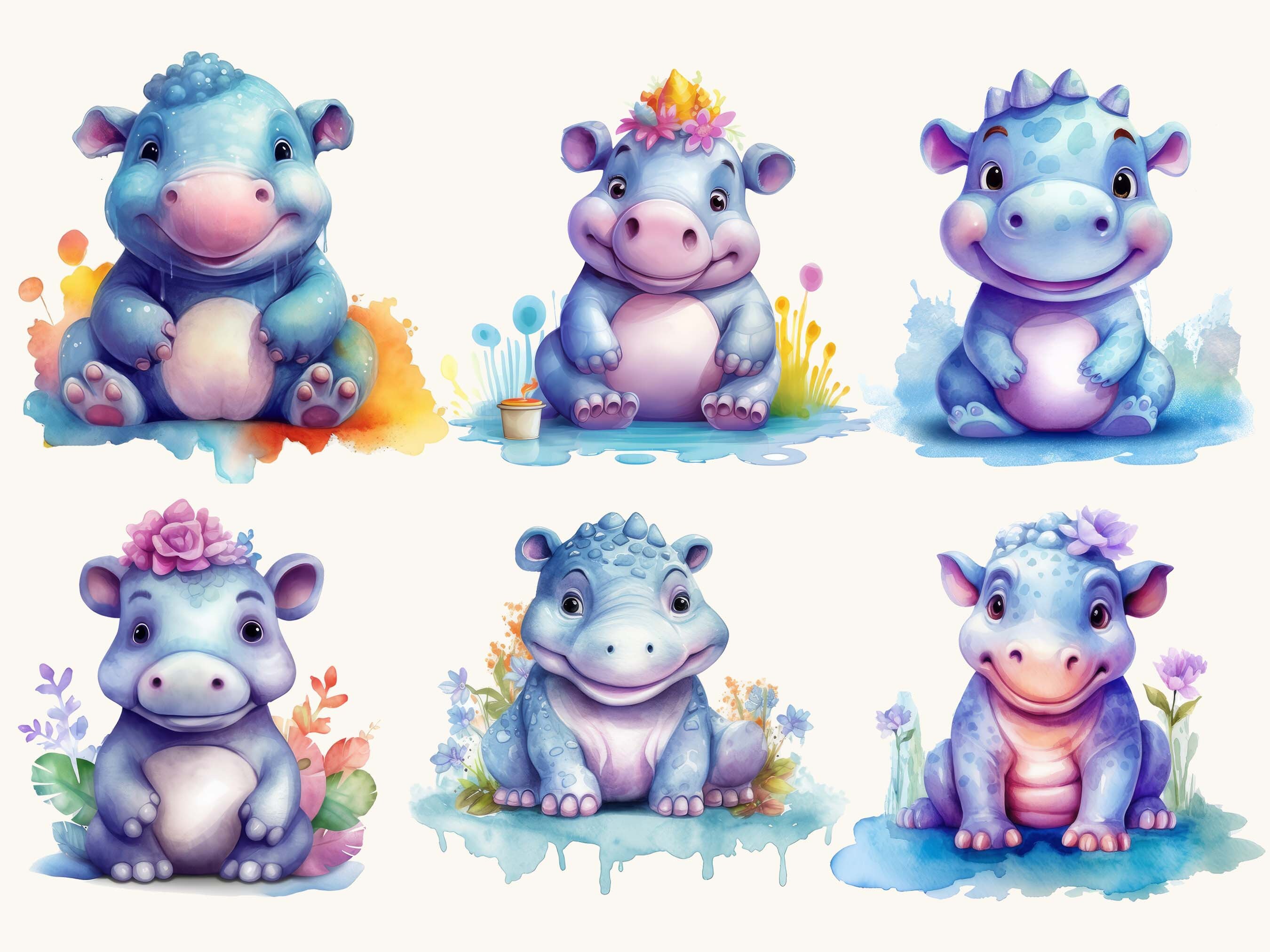 31 Watercolor Cute Baby Hippo Clipart Bundle Sublimation Designs ...
