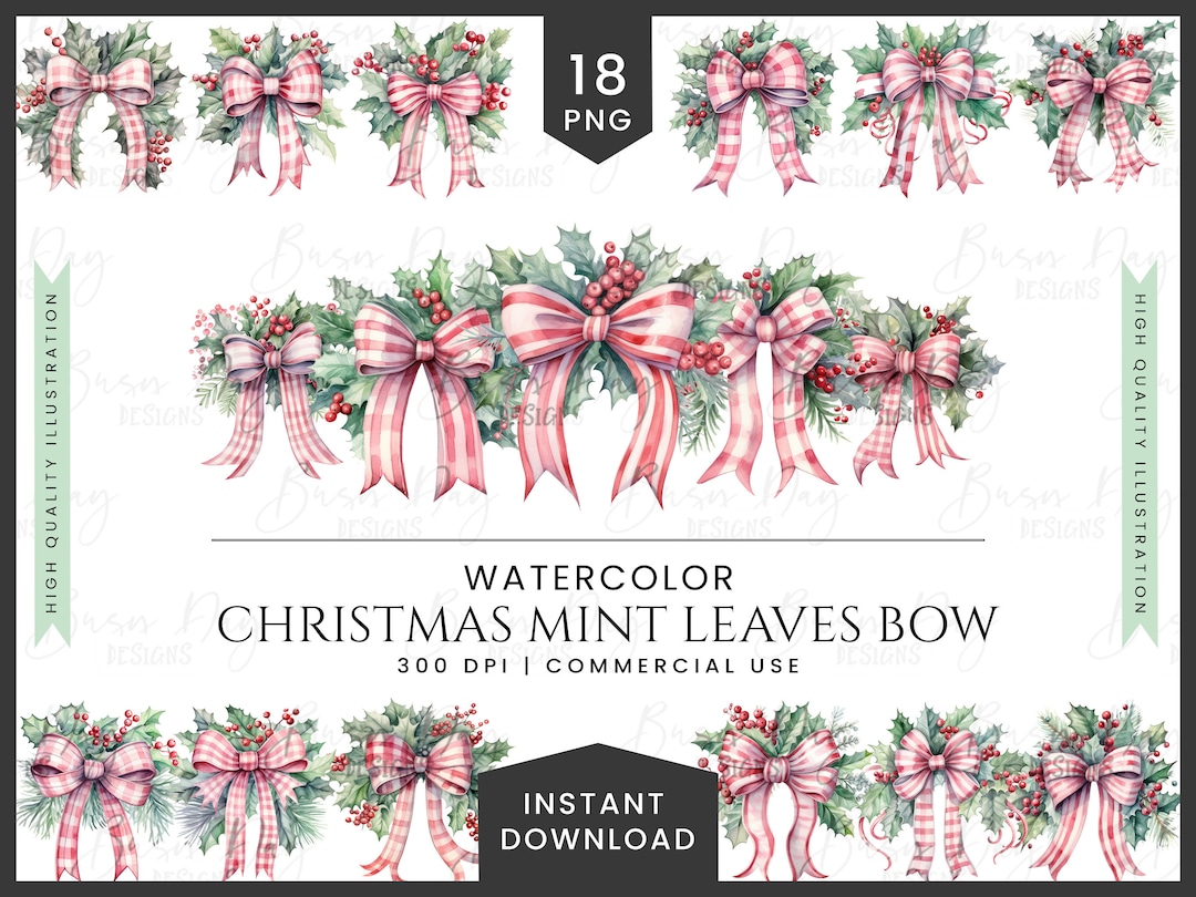 Watercolor Christmas Mint Leaves Bow Clipart Bundle Printable Art ...