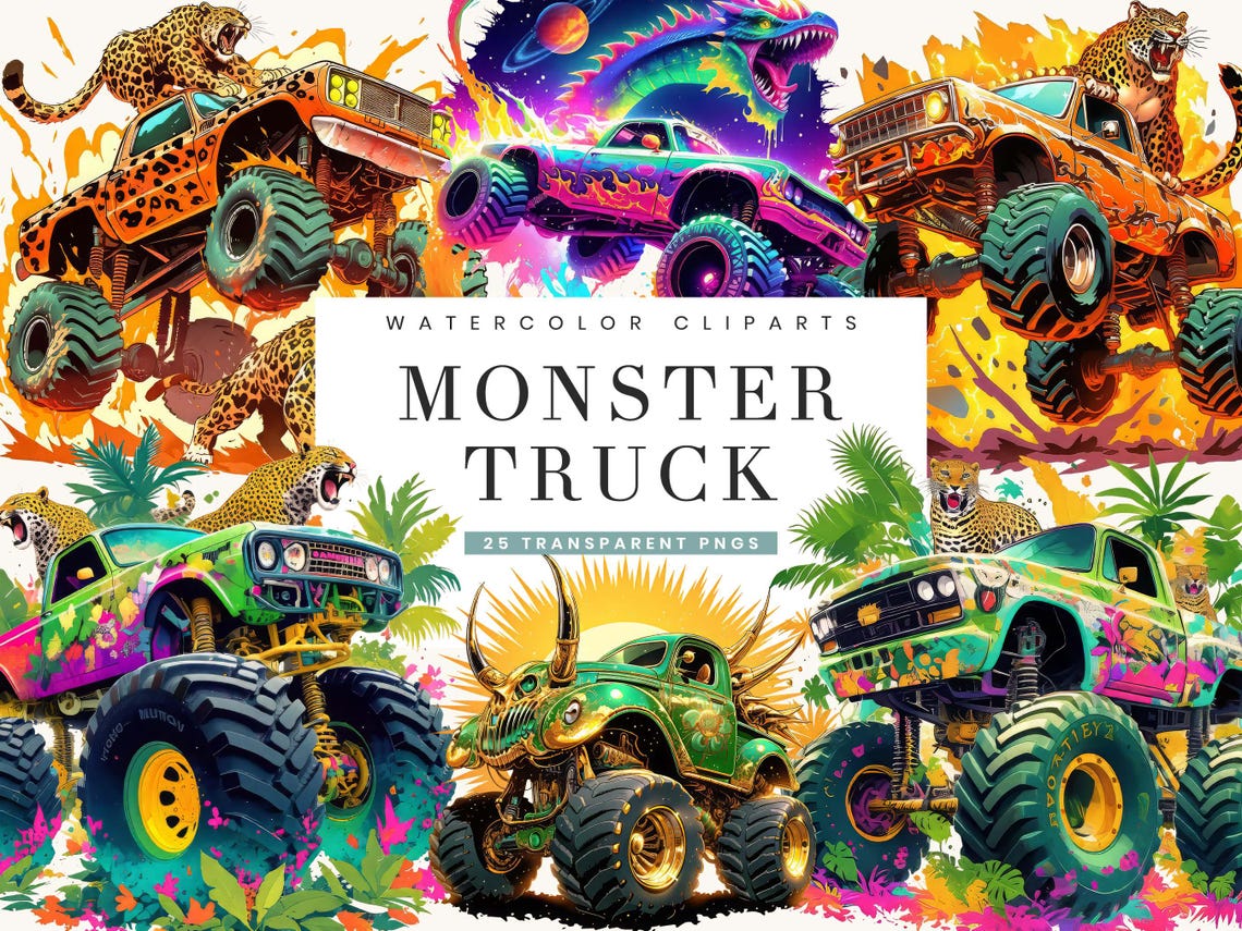 Watercolor Monster Truck Clipart Bundle: 25 Sublimation Designs ...