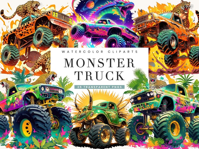 Watercolor Monster Truck Clipart Bundle: 25 Sublimation Designs ...