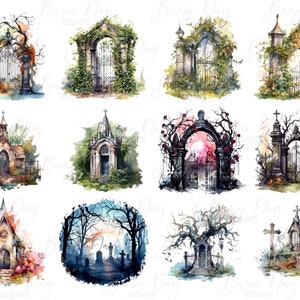 Watercolor Gothic Cemetery Clipart: Garden Scene PNG (digital Download ...