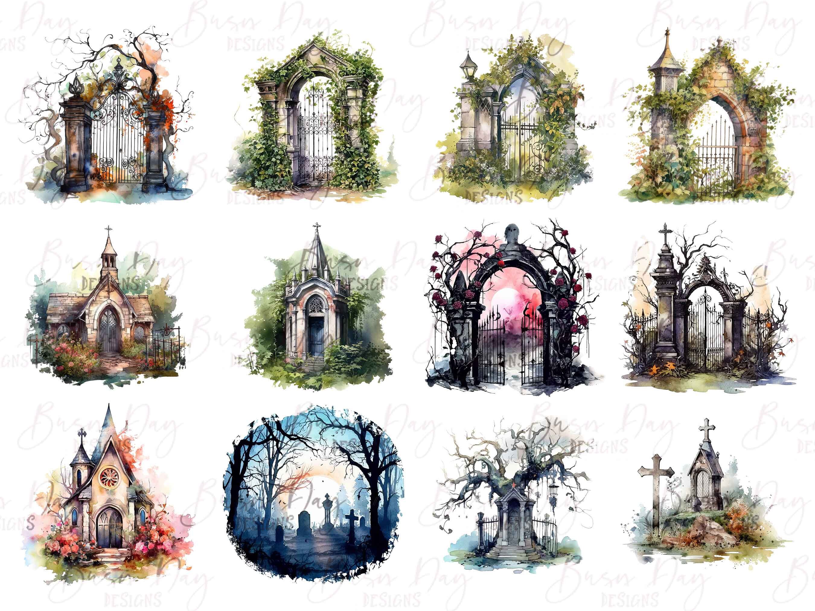 Watercolor Gothic Cemetery Clipart: Garden Scene PNG (digital Download ...