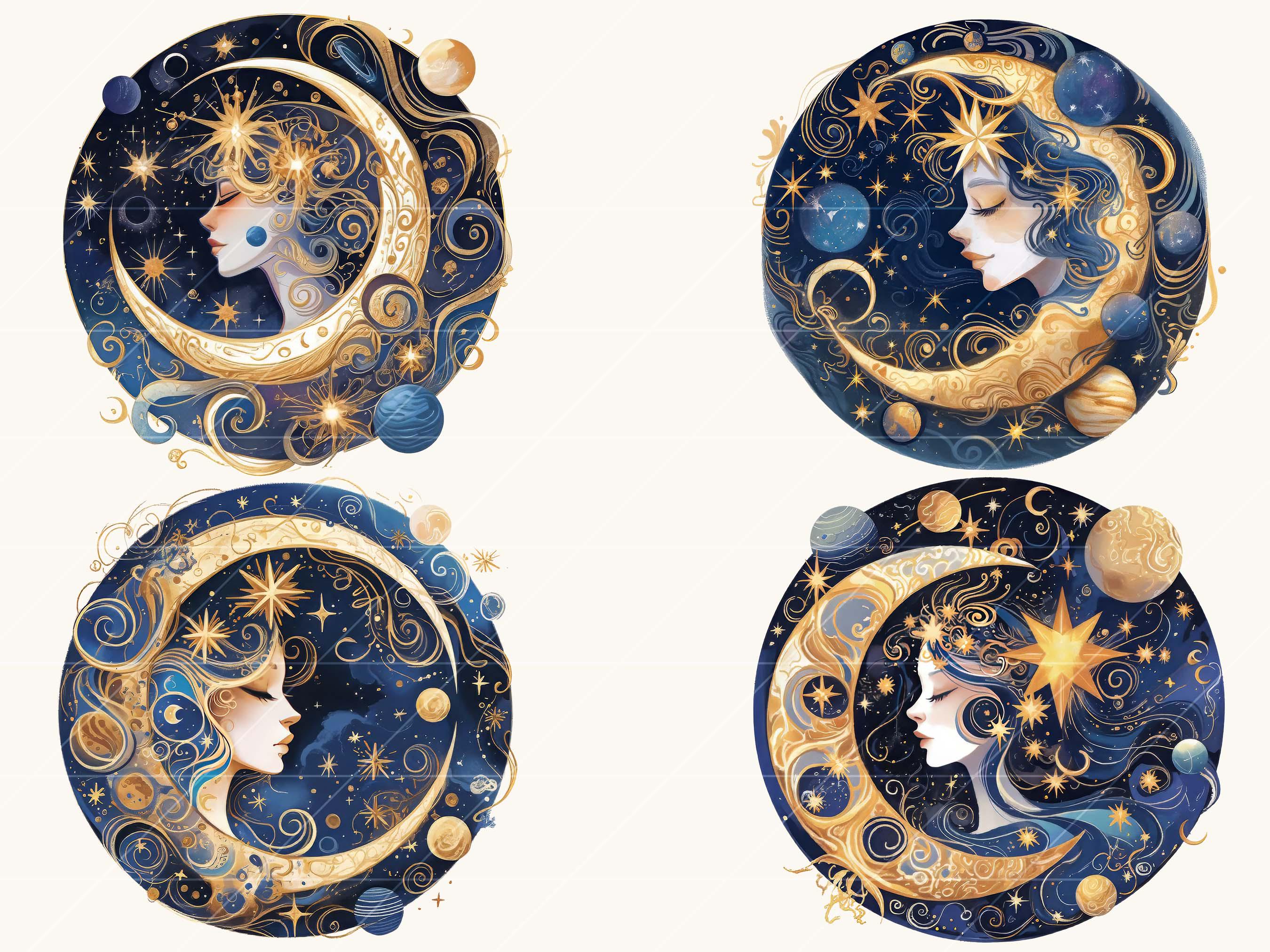 Watercolor Mystical Moon Clipart: Celestial PNG Bundle (digital ...