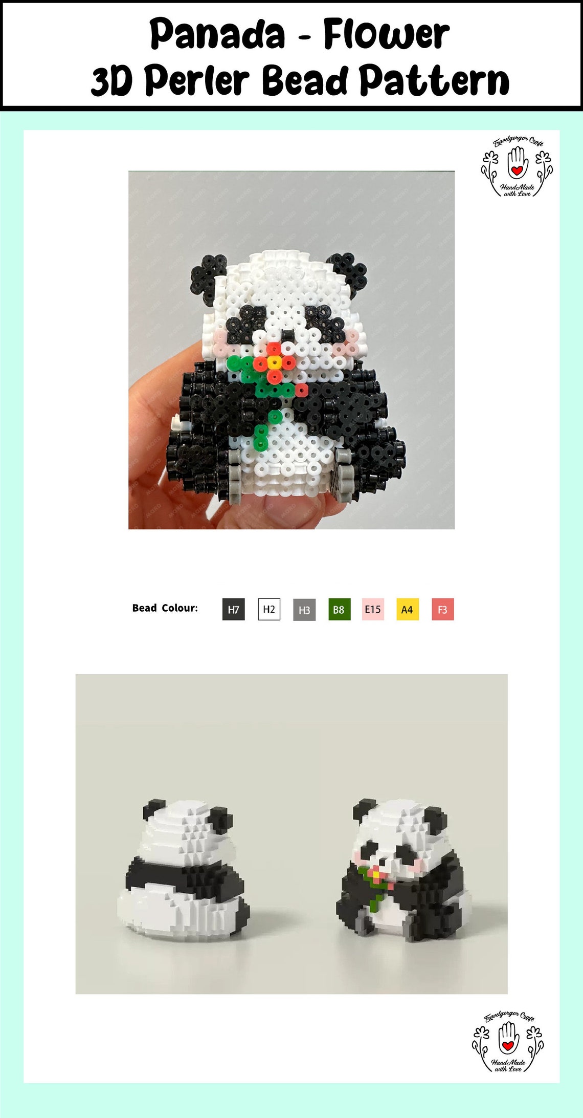 Set of 3 Panda 3D Perler Bead Pattern Digital Instant Download English ...