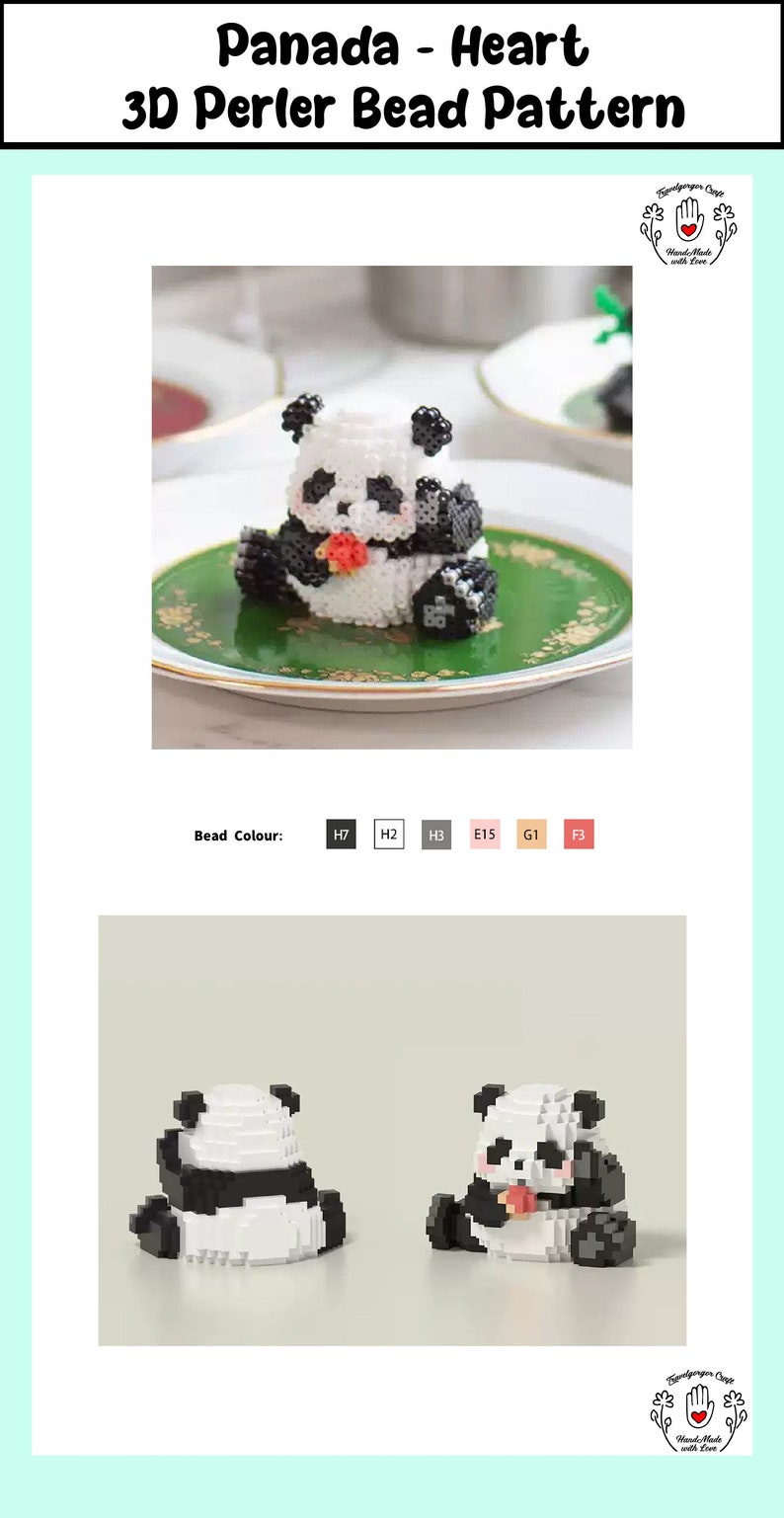 Set of 3 Panda 3D Perler Bead Pattern Digital Instant Download English ...