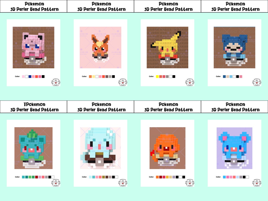 Set of 8 Pokemon 3D Perler Bead Pattern Digital Instand Download EASY ...