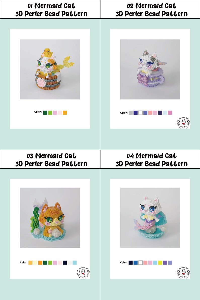 4 Cute Mermaid Cats 3D Perler Bead Digital Pattern With English ...