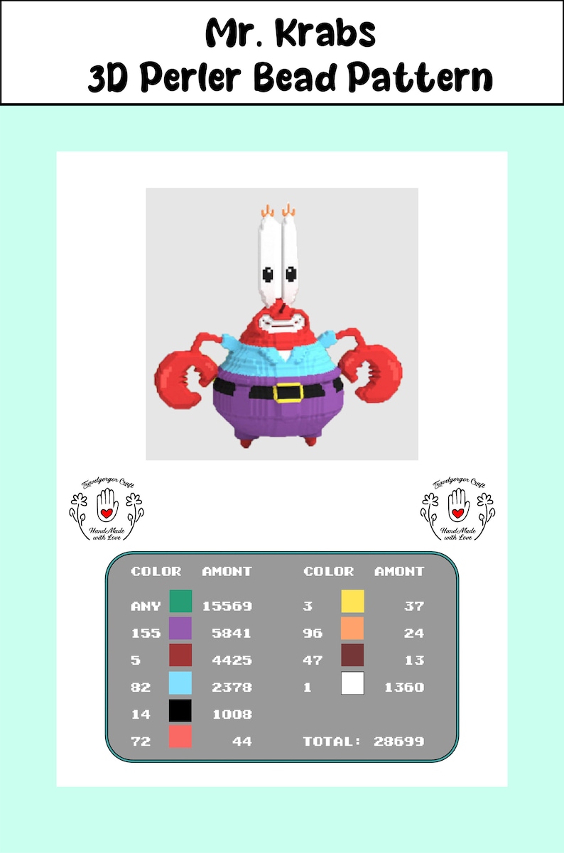 Giant Mr. Krabs Spongebob 3D Perler Bead Digital Pattern - Etsy España