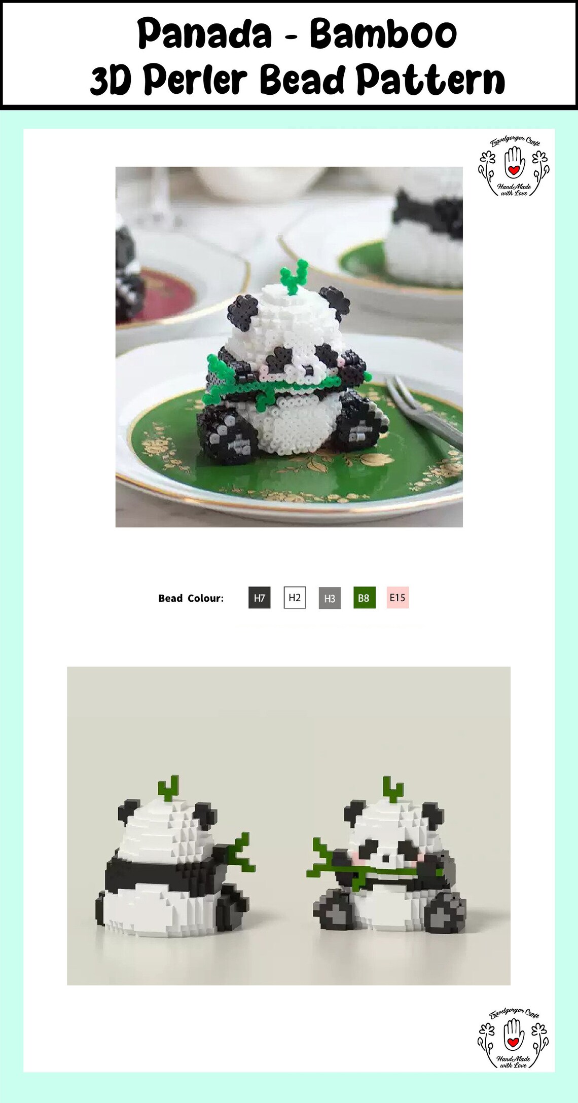 Set of 3 Panda 3D Perler Bead Pattern Digital Instant Download English ...