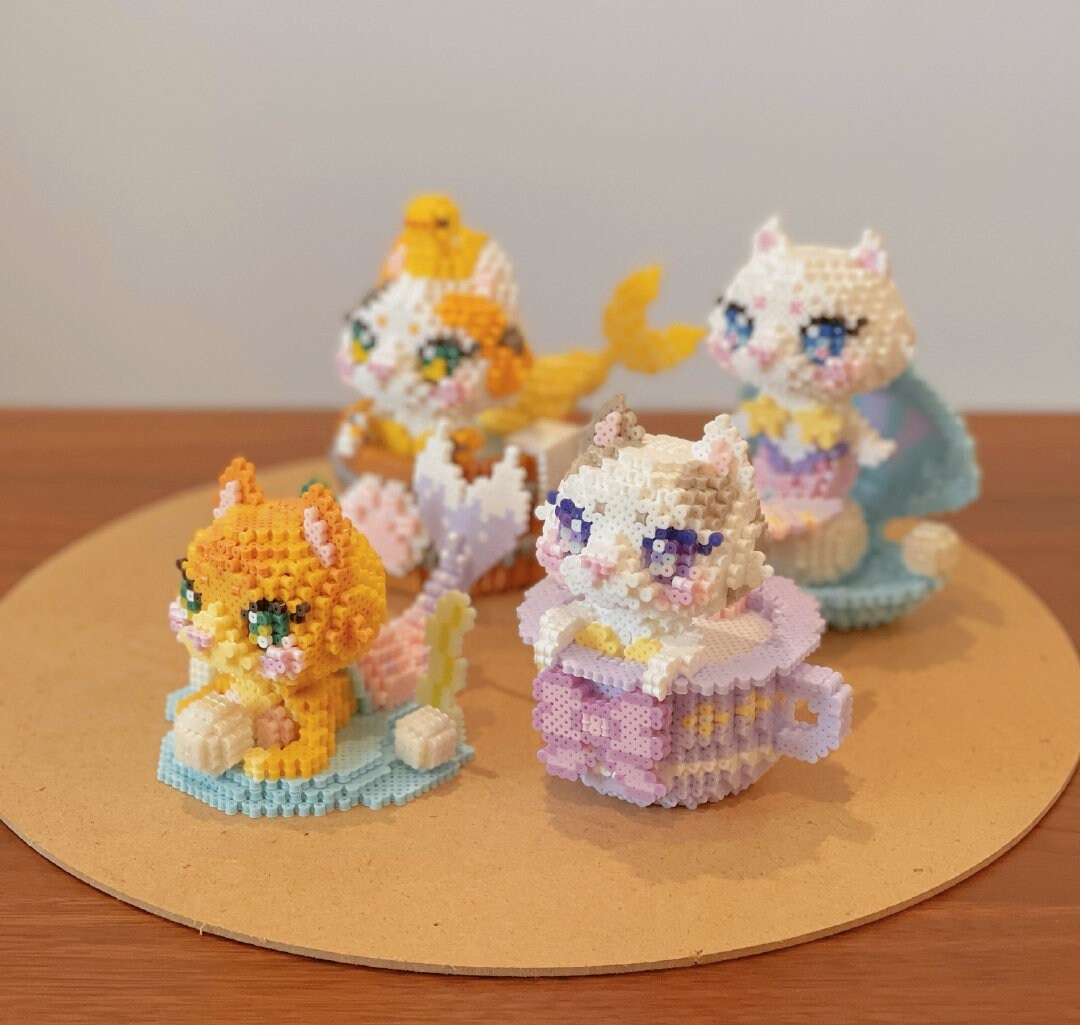 4 Cute Mermaid Cats 3D Perler Bead Digital Pattern With English ...
