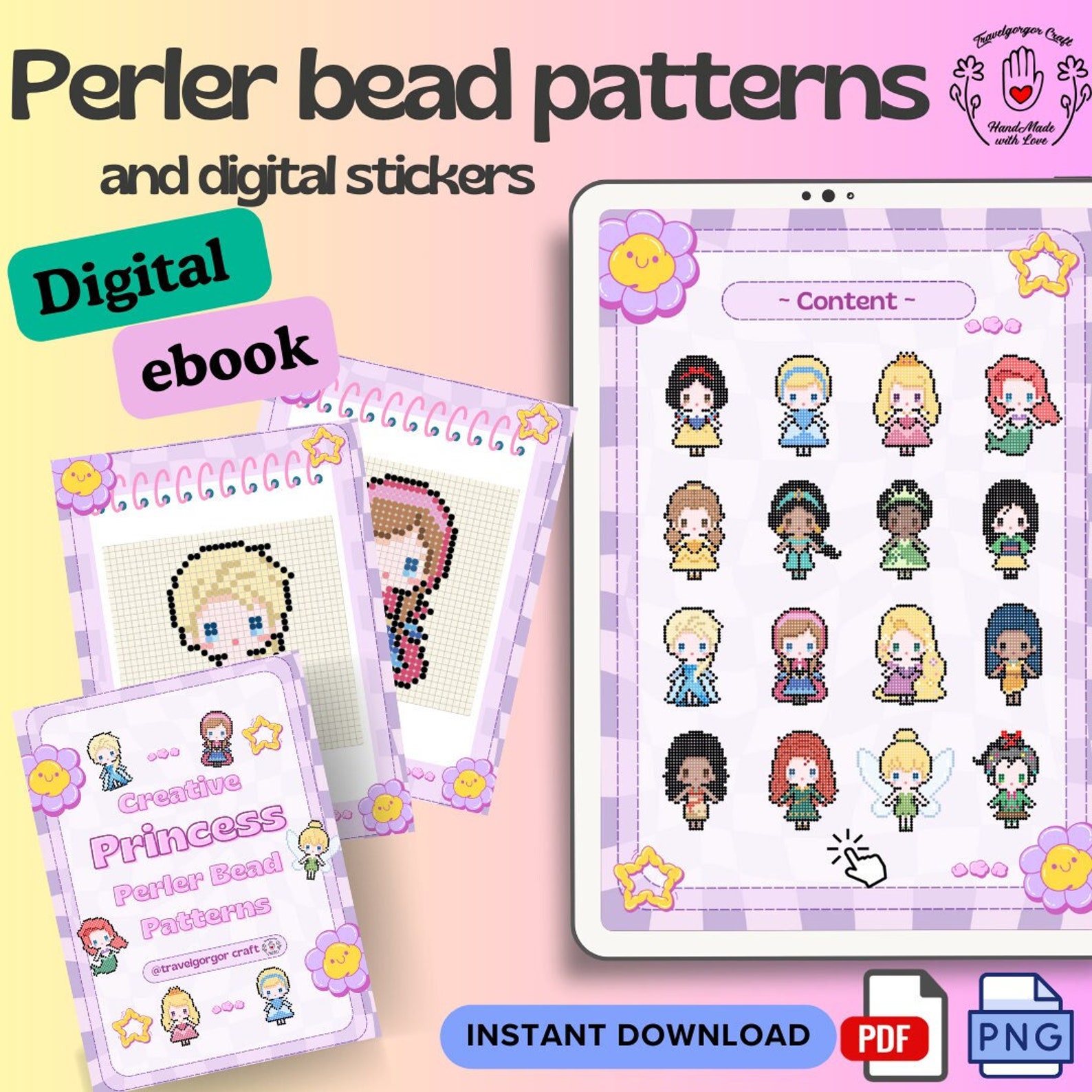 Princesses Perler Bead Patterns Digital Stickers Kids Craft Template ...