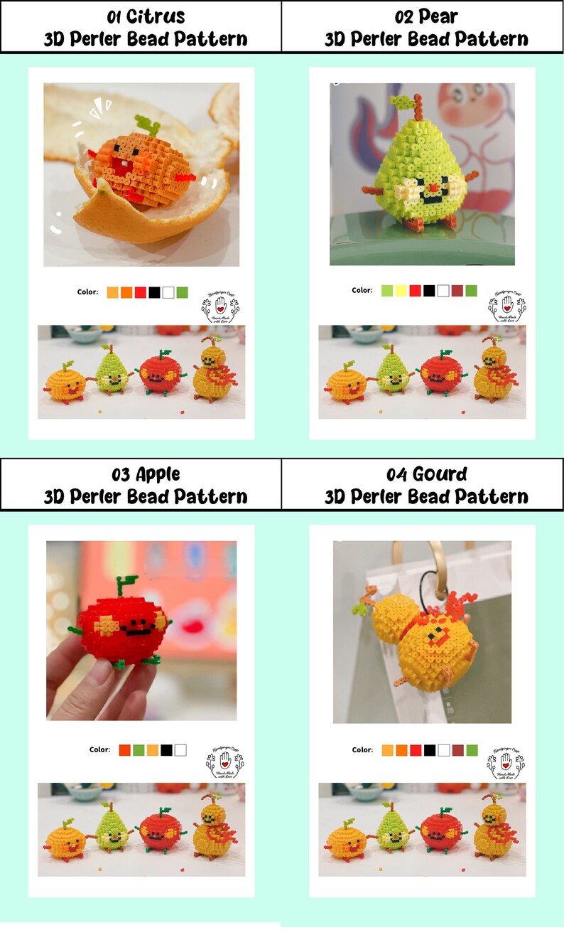 3D Perler Bead Pattern: Cute Fruit & Food, 4 Patterns (digital Download ...