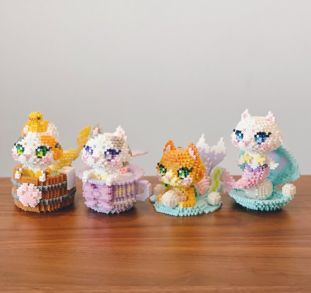 4 Cute Mermaid Cats 3D Perler Bead Digital Pattern With English ...