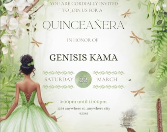 Editable Quinceanera the Princess and the Frog, Tiana Princess Quinceanera Invitation, Sage ...