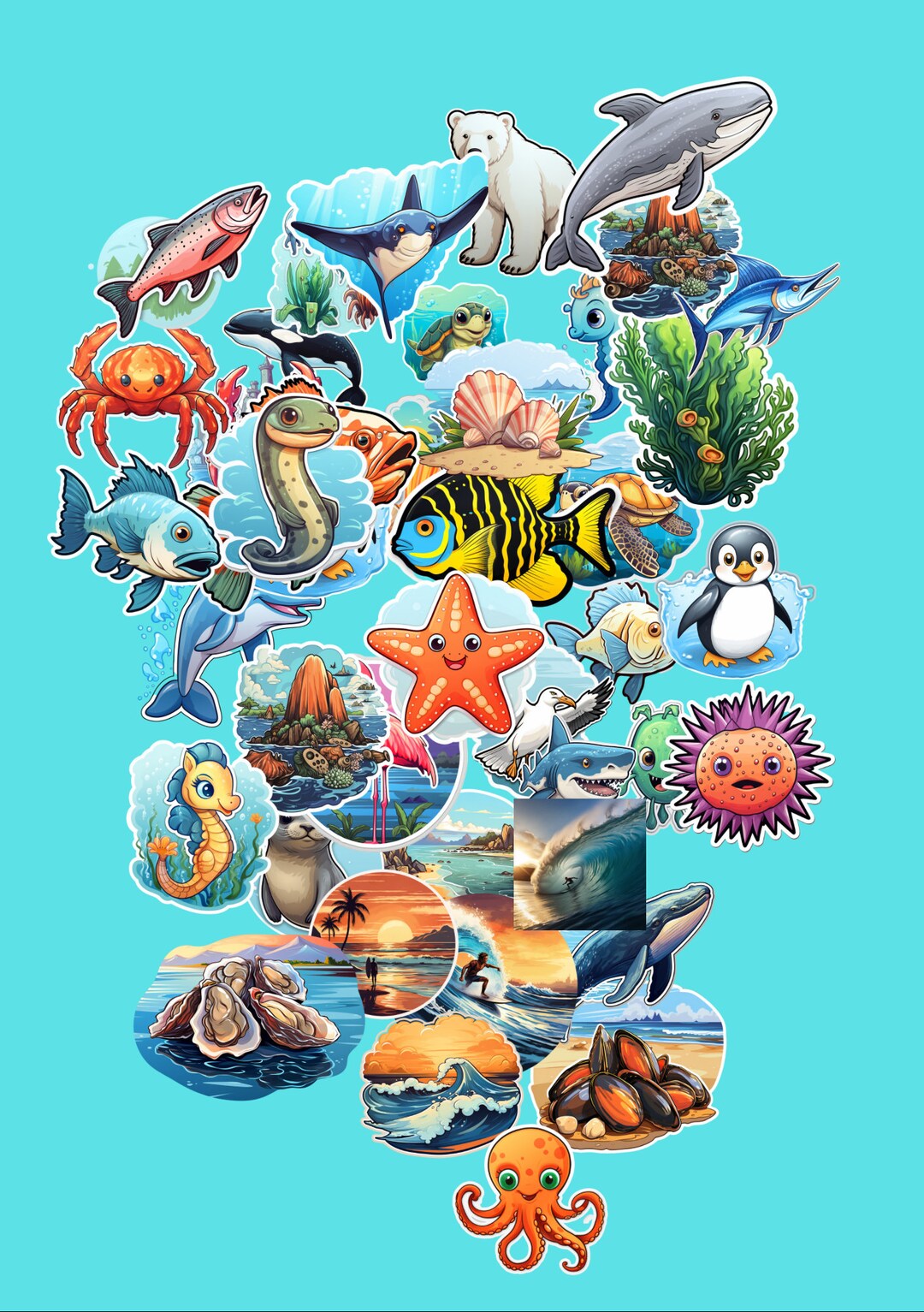 60 Ocean Themed Stickers, Kids Stickers, Animal Stickers - Etsy