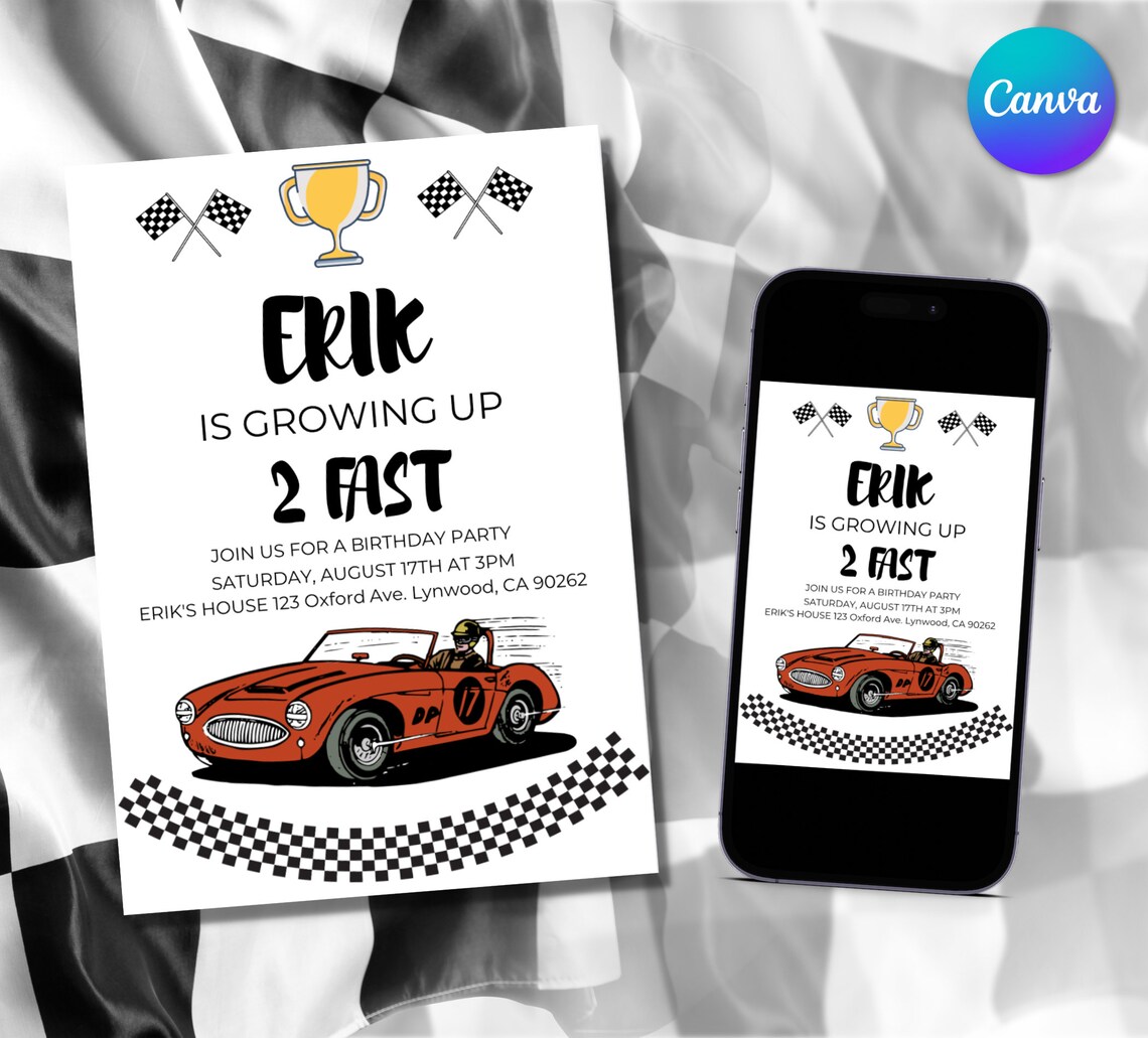Editable Race Car Birthday Invitation Template Canva, Boy Birthday ...