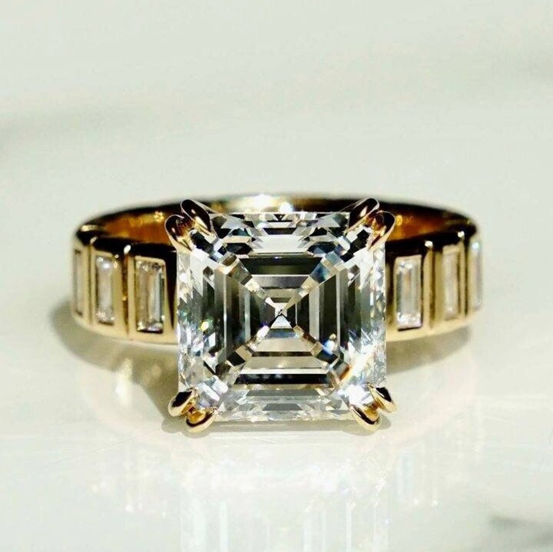 Art Deco 4 CT Asscher Cut Solitaire Baguette Cut Sides 14k Solid Yellow ...