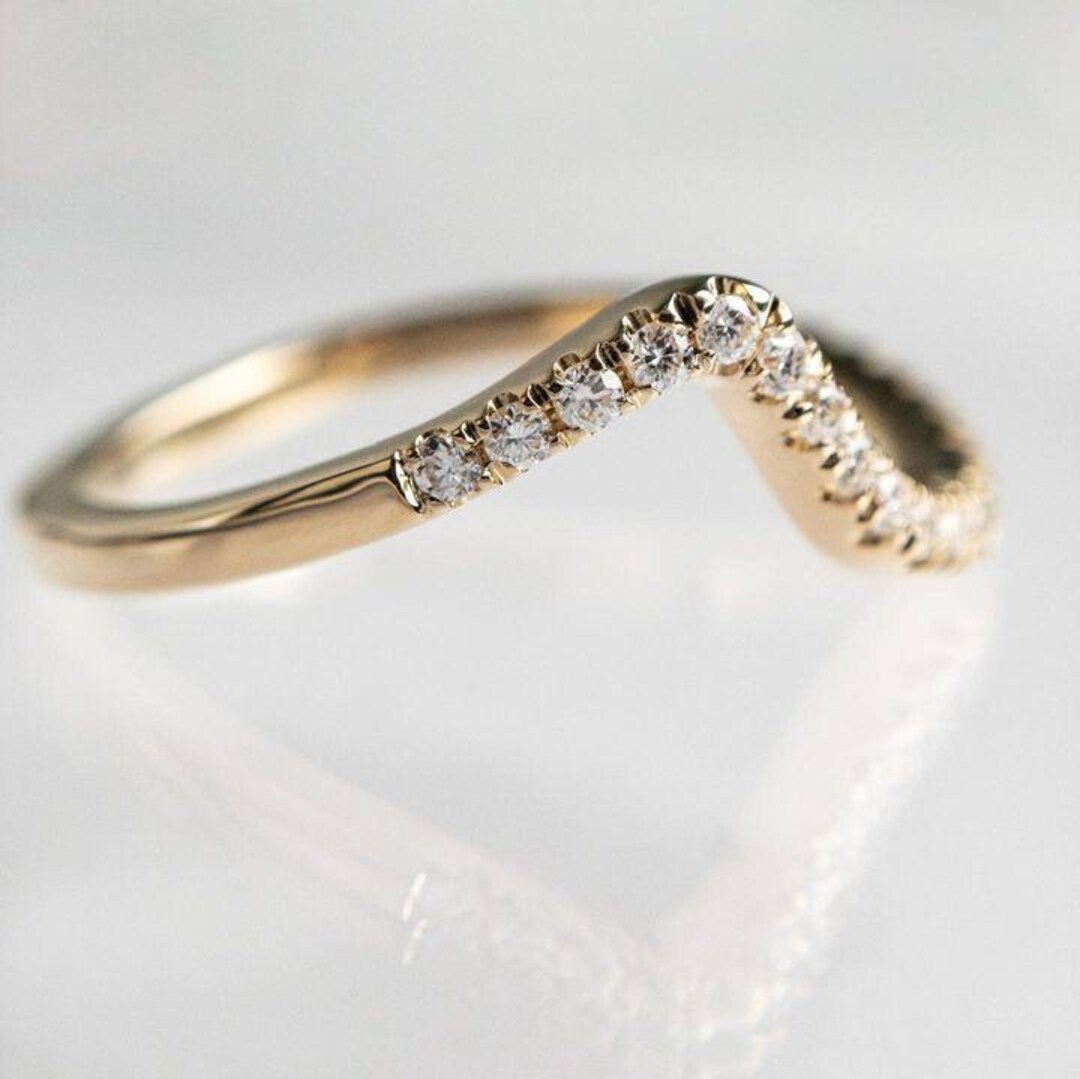 Curve Ring 14K Solid Gold Curved Wedding Band Women V Shaped Pave Ring ...