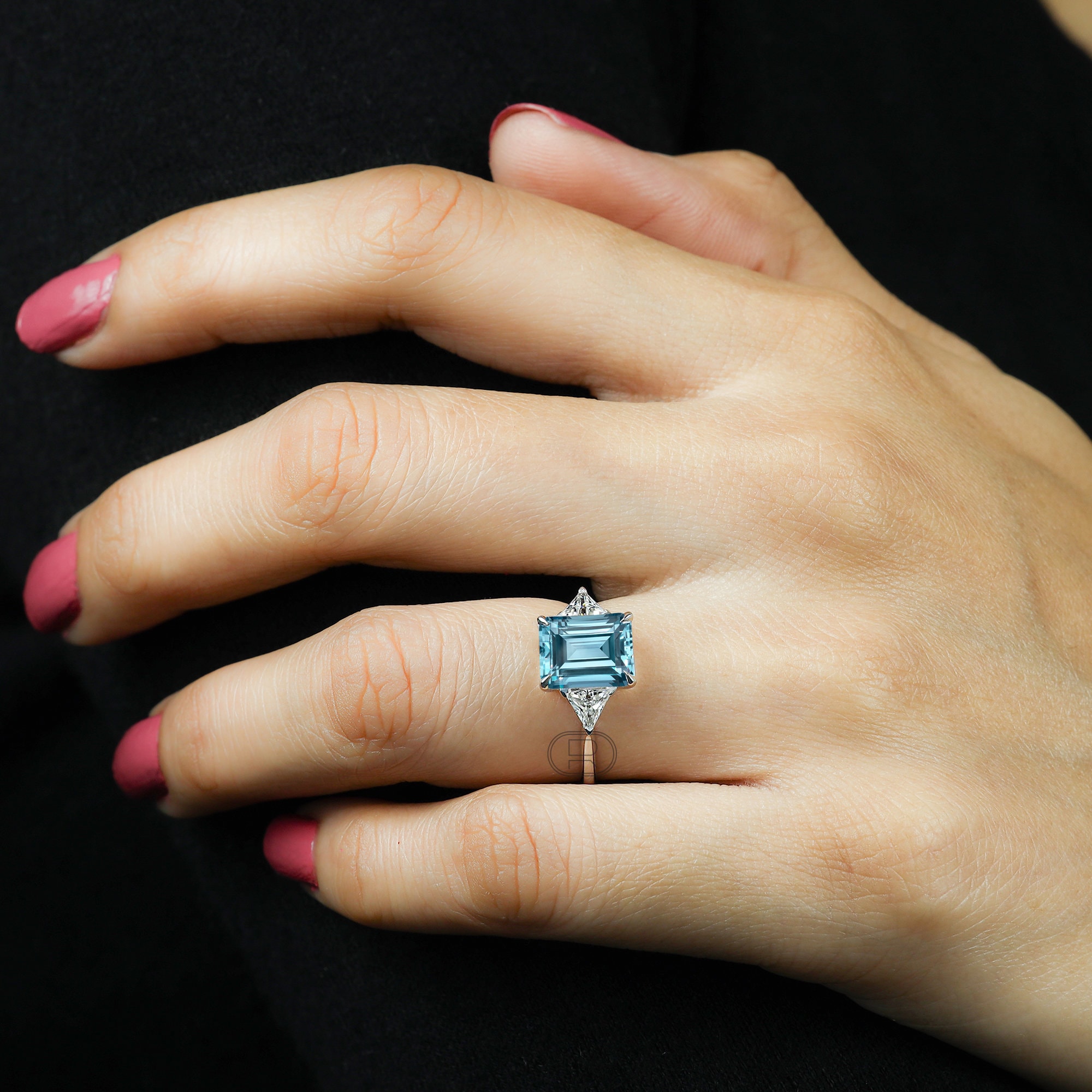 Emerald Cut Aquamarine Ring 3 Stone Engagement Ring Unique Aquamarine ...