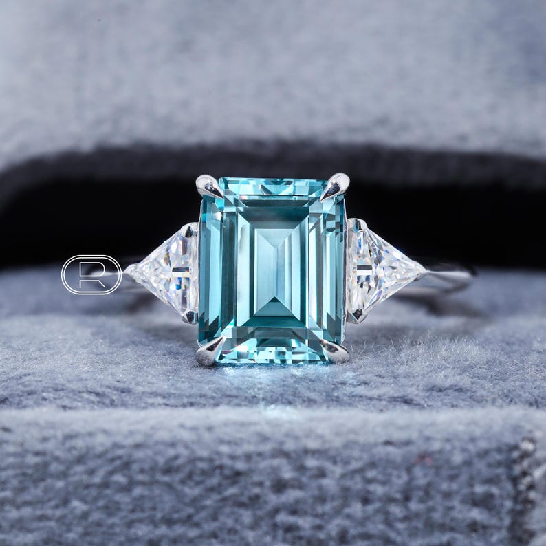 Emerald Cut Aquamarine Ring 3 Stone Engagement Ring Unique Aquamarine ...